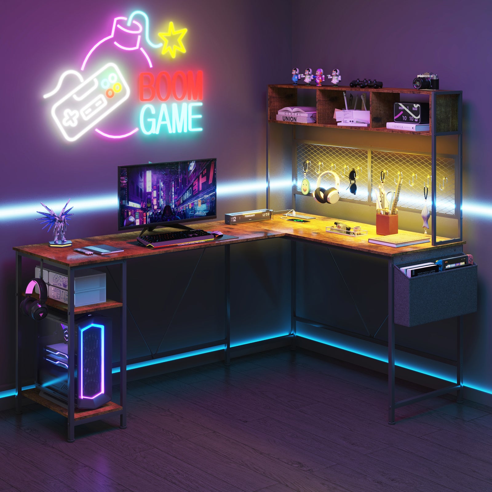 Advwin L Shaped Gaming Desk with LED Lights & Storage Shelf