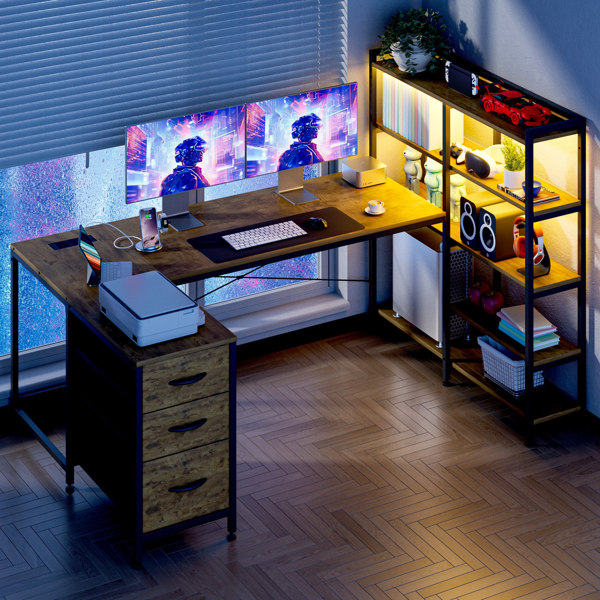 Advwin U Shaped Gaming Desk with LED Lights 164cm